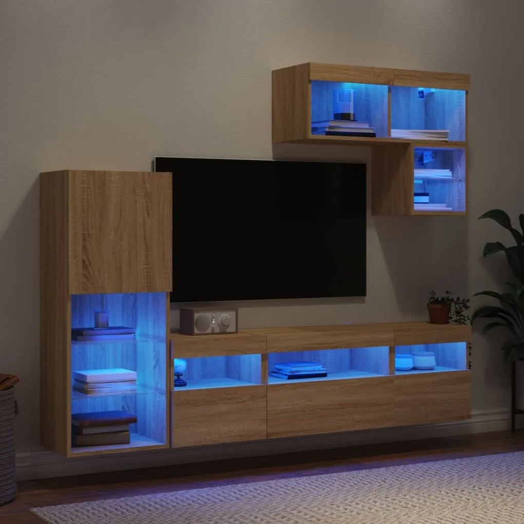 6dílná obývací stěna s LED dub sonoma kompozitní dřevo - Default Title