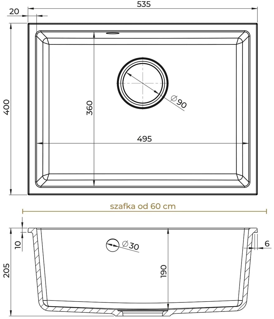 Sink Quality Crypton 60, kuchyňský granitový dřez 535x400x205 mm + černý sifon, bílá, SKQ-CRY.W.1KBO.60.XB