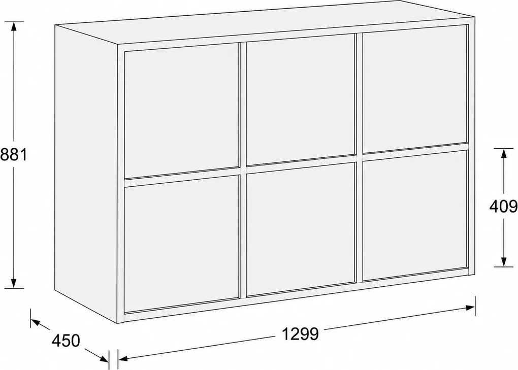 Kancelářská skříň FRAME, nízká, 6x dveře, 1299 x 450 x 881 mm, PUSH-lock, bílá