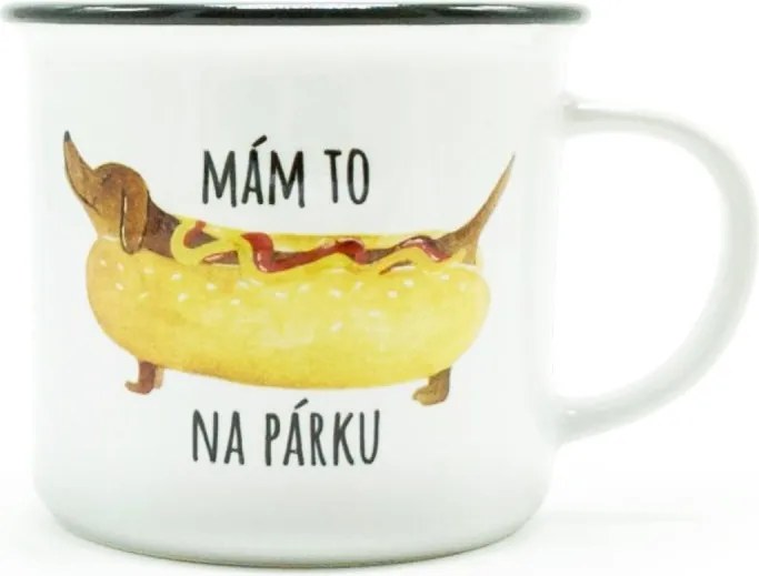 Keramický hrnek Mám to na párku, 250 ml – s vtipným motivem jezevčíka, autorský design, ve stylu plecháčku