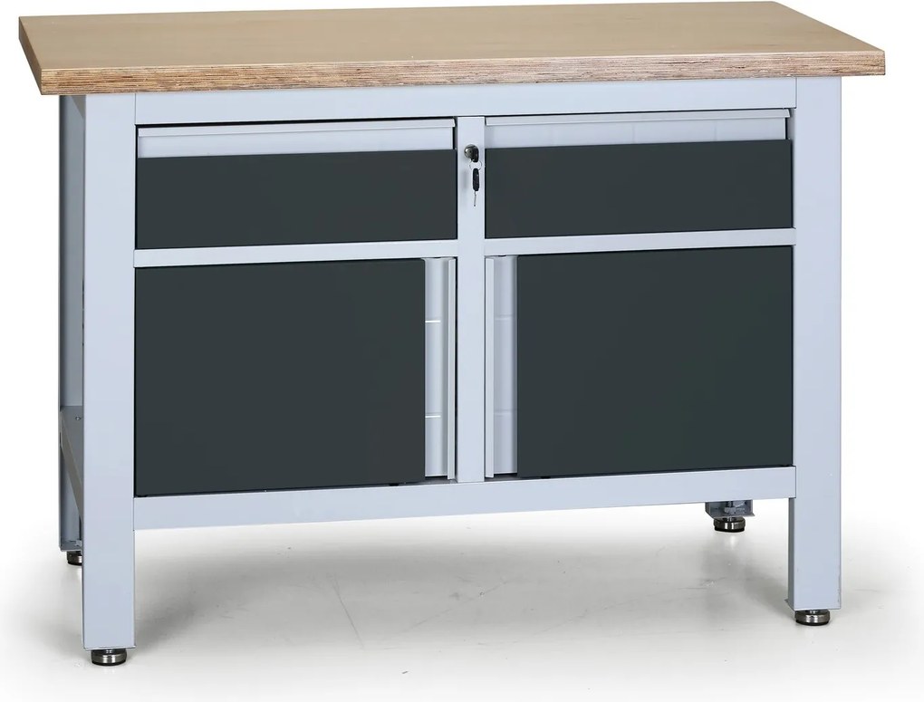 Pracovní stůl do dílny G6, 2 zásuvky, 2 skříňky, 1200 x 600 x 860 - 900 mm, grafit