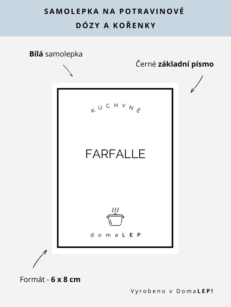 FARFALLE  – bílá samolepka na dózu, základní písmo, 6 x 8 cm | DomaLEP