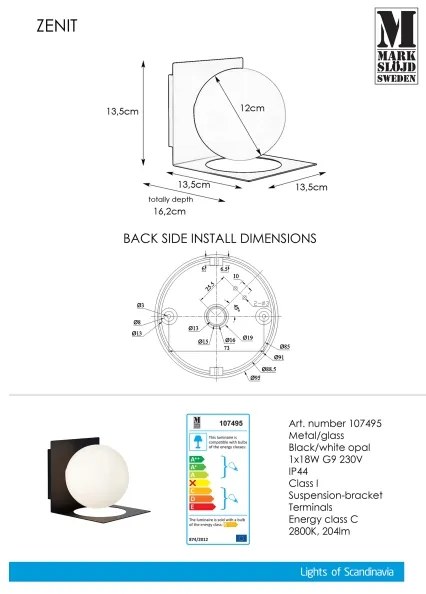 Markslöjd 107495 - Koupelnové nástěnné svítidlo ZENIT 1xG9/18W/230V IP44