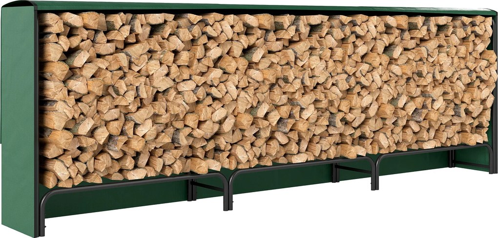 Outsunny venkovní kovový dřevník s nepromokavým potahem, nastavitelný rám, zvedaná police, 1 m³ (300 × 36 × 99 cm) — černá a tmavě zelená | Aosom