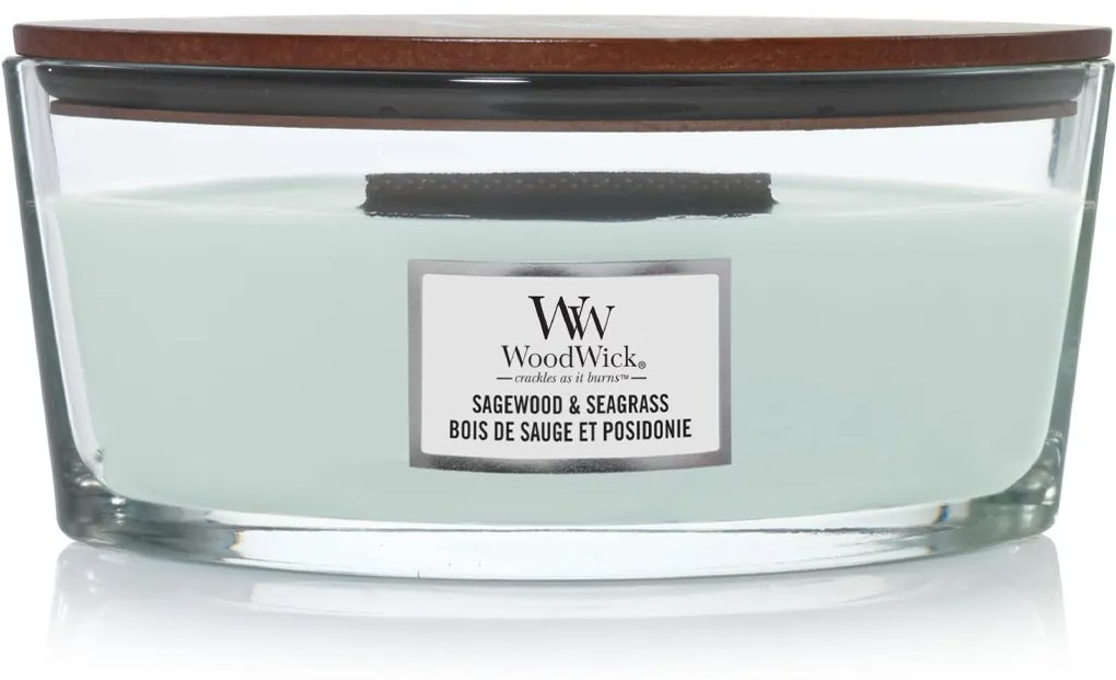 WoodWick – svíčka Sagewood & Sea Grass (Šalvějové dřevo a mořská tráva), 453 g