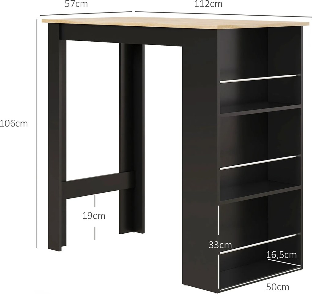 HOMCOM Vysoký Barový Stolek - rozměry 112D x 57Š x 106V cm - 3 police - černý