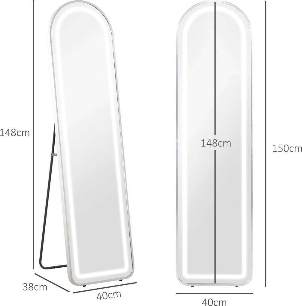 HOMCOM Zakřivené celotělové zrcadlo s LED, 3 nastavitelná světelná režimy, funkce paměti, 150 x 40 cm, stříbrné