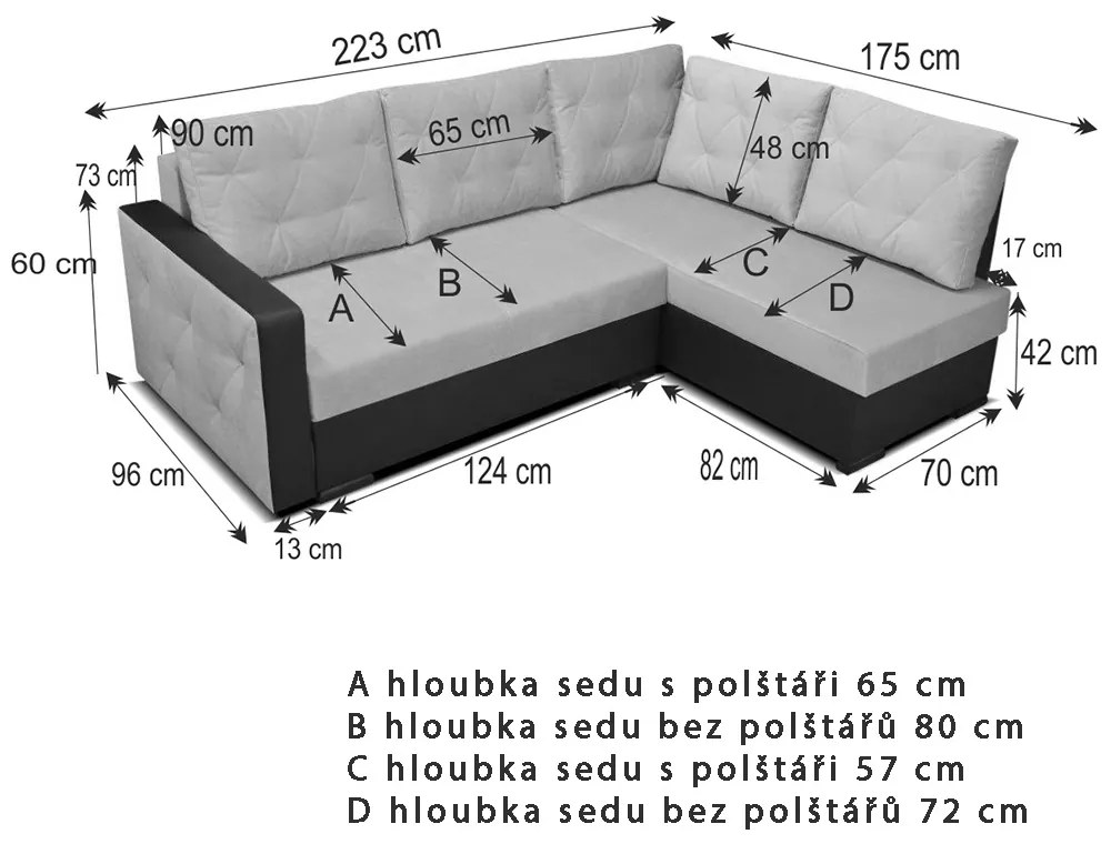 Sedací souprava HERON | 223x175 cm | PRAVÁ | rozkládací + 2x úložný prostor | VÝBĚR TKANIN