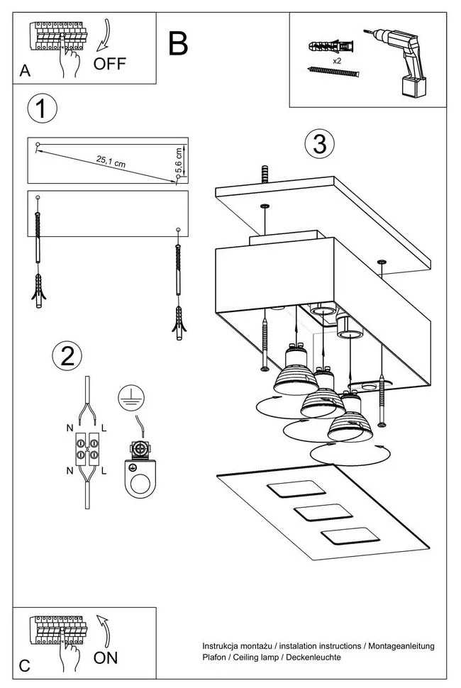 Černé stropní světlo Sollux Hydra