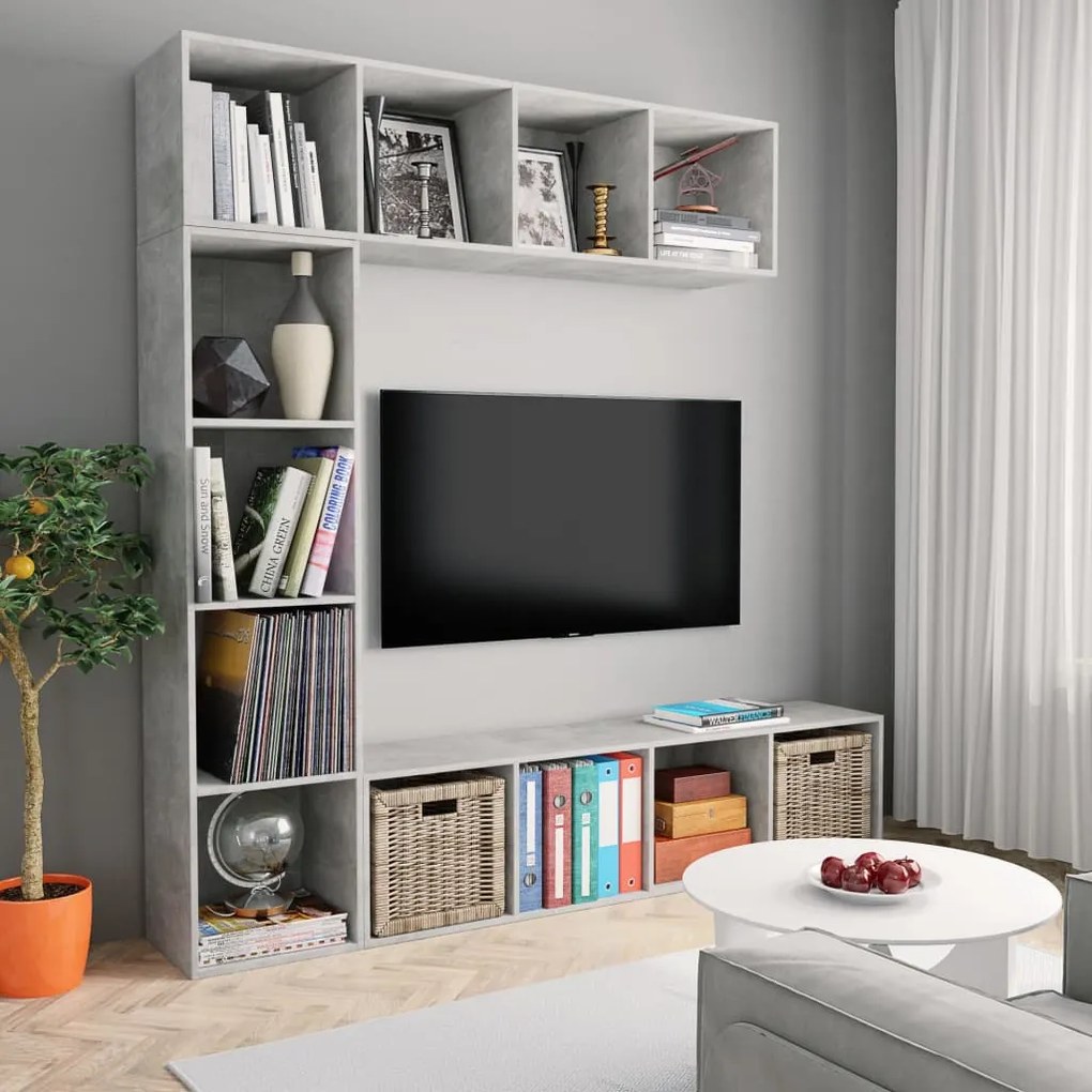 3dílná TV skříňka / knihovna betonově šedá 180 x 30 x 180 cm 278792