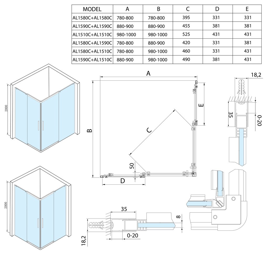 Polysan ALTIS LINE čtvercový sprchový kout 900x900 mm, rohový vstup, čiré sklo AL1590CAL1590C