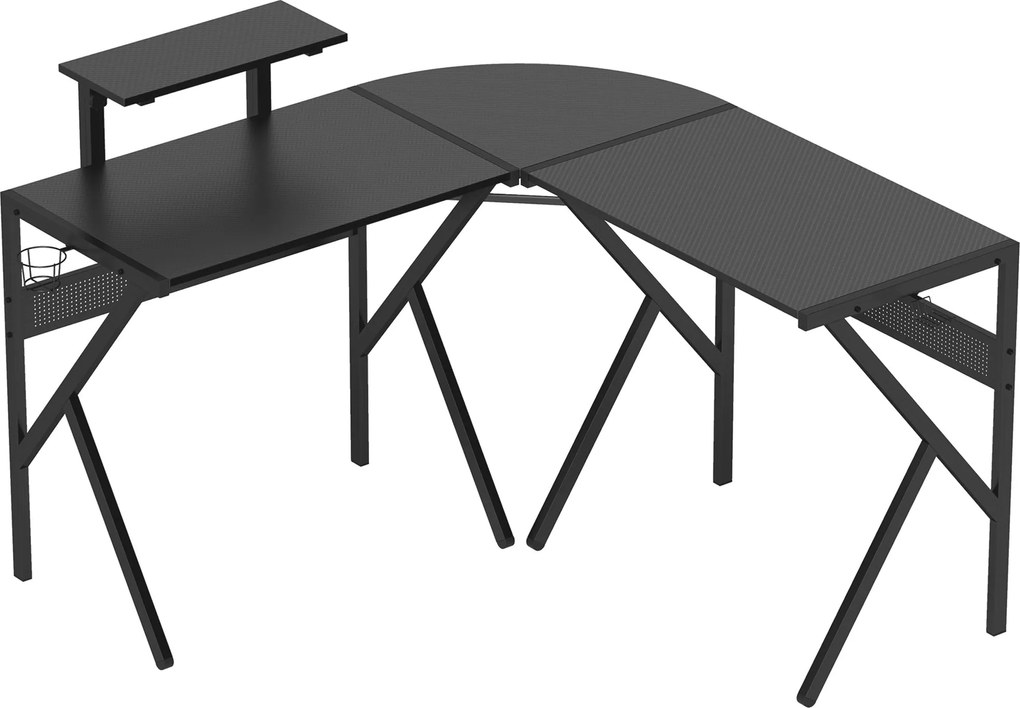 HOMCOM Herní stůl do tvaru L s rohovým designem 125 x 125 cm s povrchem z uhlíkových vláken, policí na monitor, držákem na hrníček a háčkem na sluchát