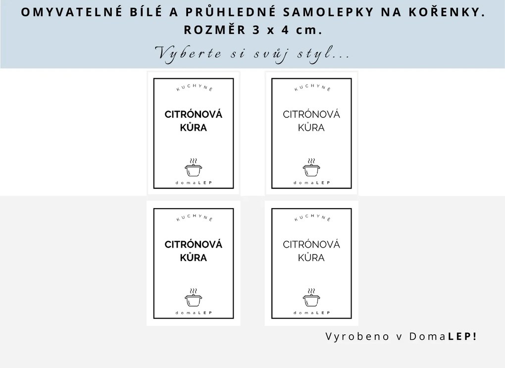 CITRÓNOVÁ KŮRA - Samolepka na kořenky 3 x 4 cm - DomaLEP varianta: PRŮHLEDNÁ - tučné písmo