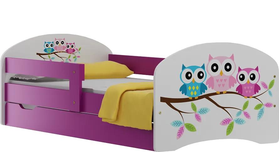 Dětská postel s motivem SOVIČKY se zábranou Rozměr: 200x90, Matrace: bez  matrace, Barevná kombinace: BÍLÁ/DUB SONOMA | BIANO