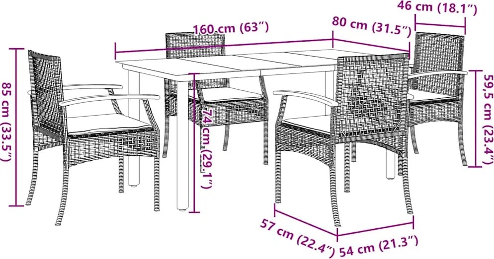 5dílný zahradní jídelní set s poduškami černý polyratan 3213606