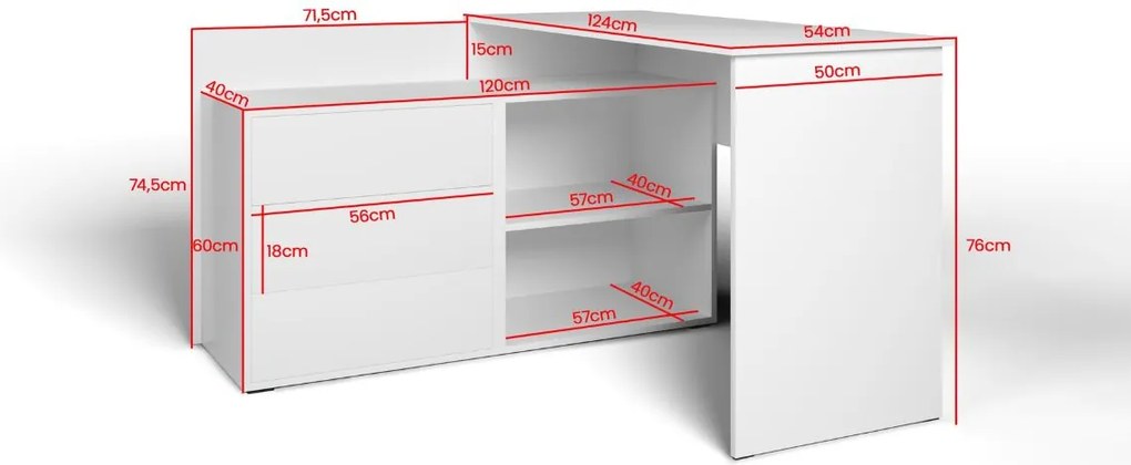 Bílý rohový psací stůl Tivo 120 cm se skříňkou, zásuvkami a policemi - univerzální