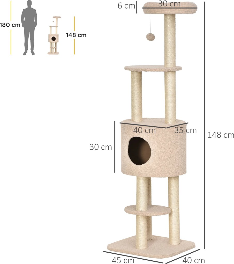 PawHut Kočičí škrabadlo Výška 148 cm Kočičí věž se sisalovými sloupky 3 platformy Dům a zavěšená kulička Béžová