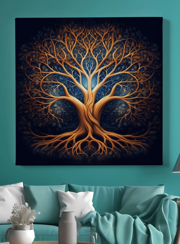 Obraz na plátně - Zlato modrý strom života na černém pozadí FeelHappy.cz Velikost obrazu: 40 x 40 cm