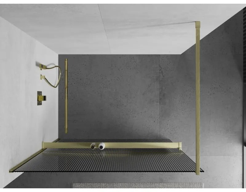 Mexen Kioto+, sprchová zástěna Walk-In s poličkou a věšákem 130 x 200 cm, 8mm sklo s žebrovým vzorem, zlatý matný profil, 800-130-121-55-09