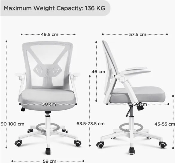 Kancelářská židle Yaheetech – světle šedá, 59 cm (šířka) × 57,5 cm (hloubka) × 90 cm – 100 cm (výška) (267709144495)