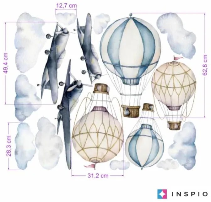 INSPIO Samolepky na zeď - Akvarelová letadla a balóny