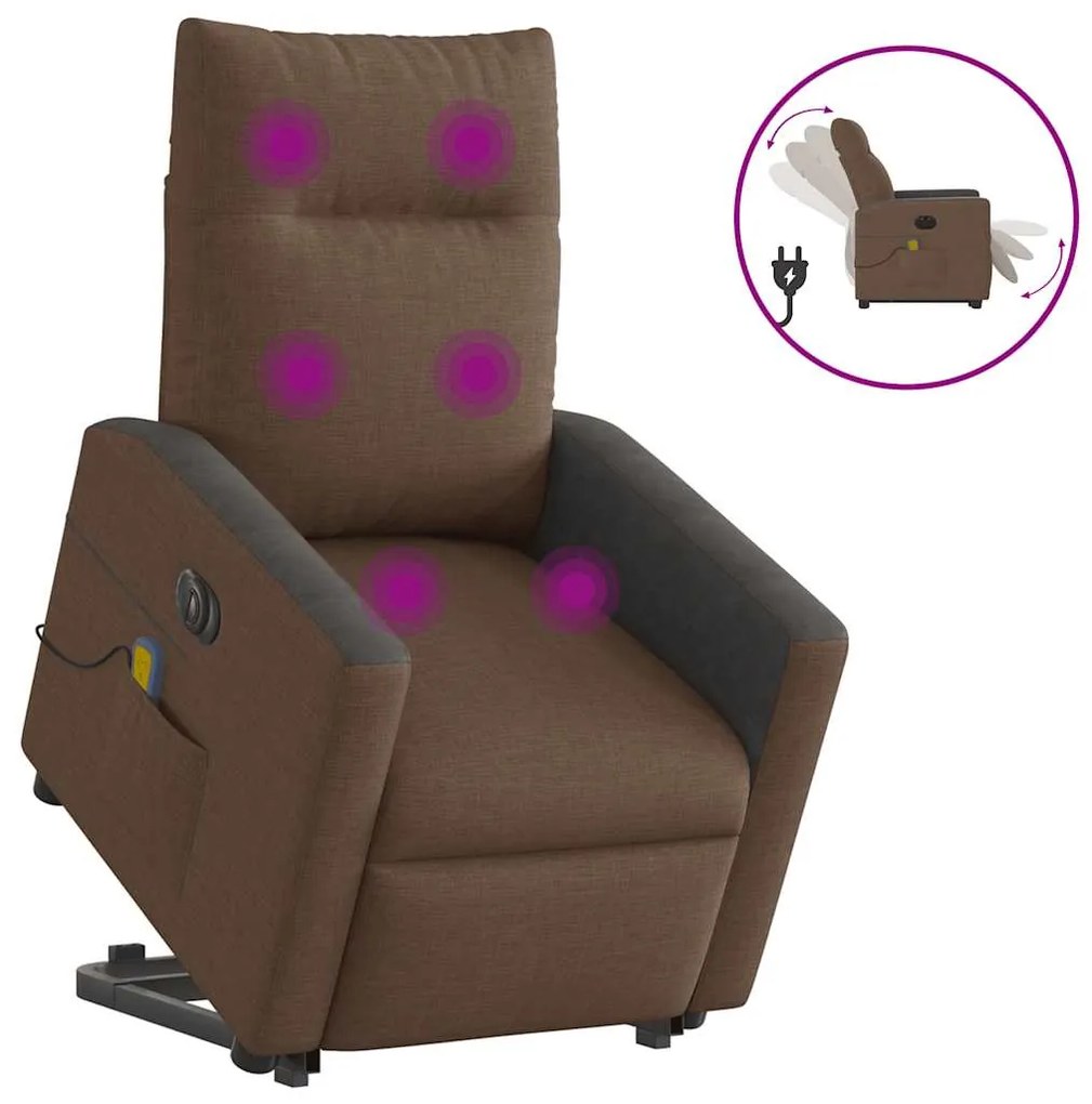 Elektrické zvedací masážní polohovací křeslo hnědé textil 3324076
