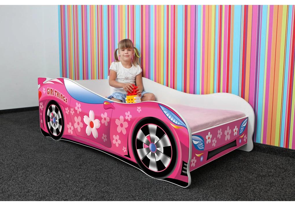 Svět pokojů Dětská autopostel auto pro holky růžové + MATRACE ZDARMA Rozměr: 160x80 cm (+250 Kč)