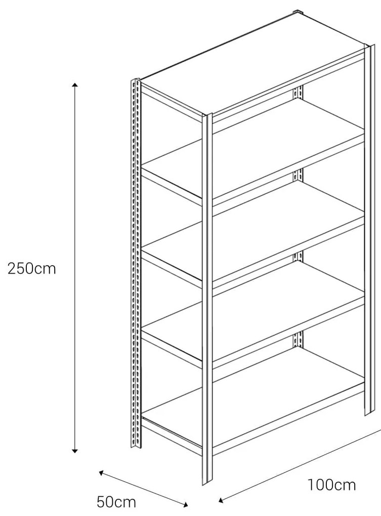 Bezšroubové kovové regál 250x100x50cm T profil, 5 polic