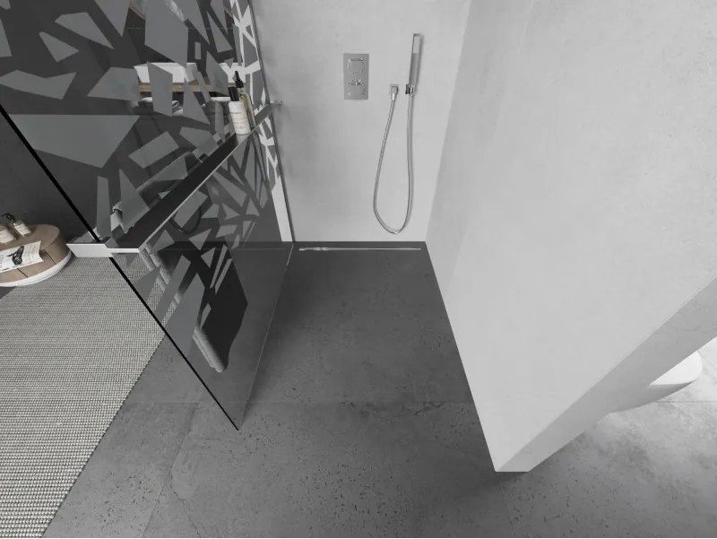 Mexen Kioto+ L, sprchová zástěna Walk-In s poličkou a věšákem 80 x 200 cm, 8mm čiré sklo bílý vzor, chromový profil, 800-080-123-01-85