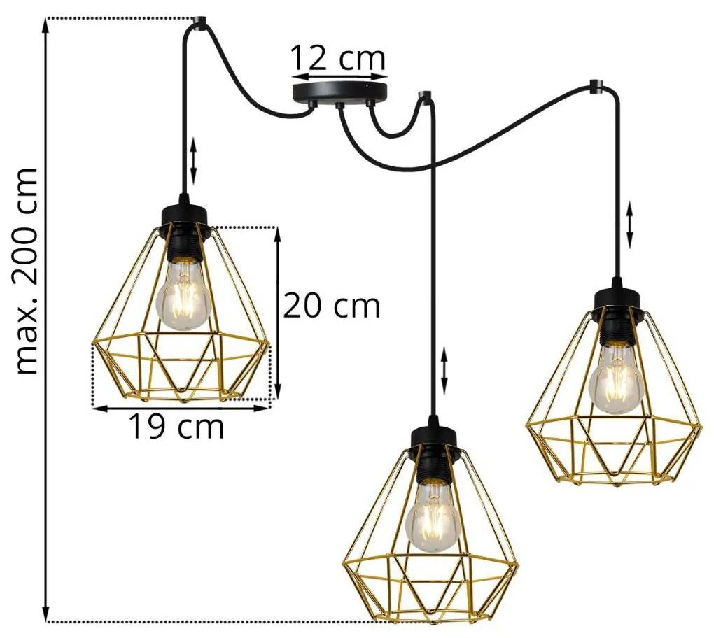 Závěsné svítidlo Fusion Spider, 3x zlaté drátěné stínítko