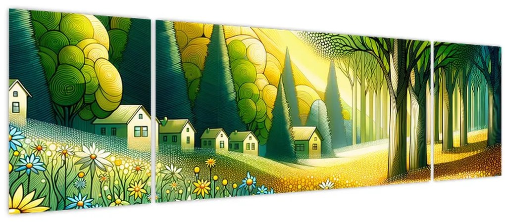 Obraz - Vesnice ve žluto-zelené (170x50 cm)
