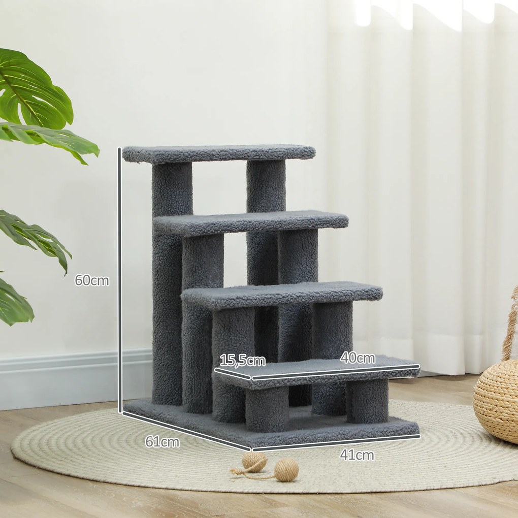 PawHut schodiště pro zvířata schodiště pro kočky schodiště pro psy 4 stupně šedé 63,5x43x60cm pro kočky a psy, ideální pro seniory a malá zvířata