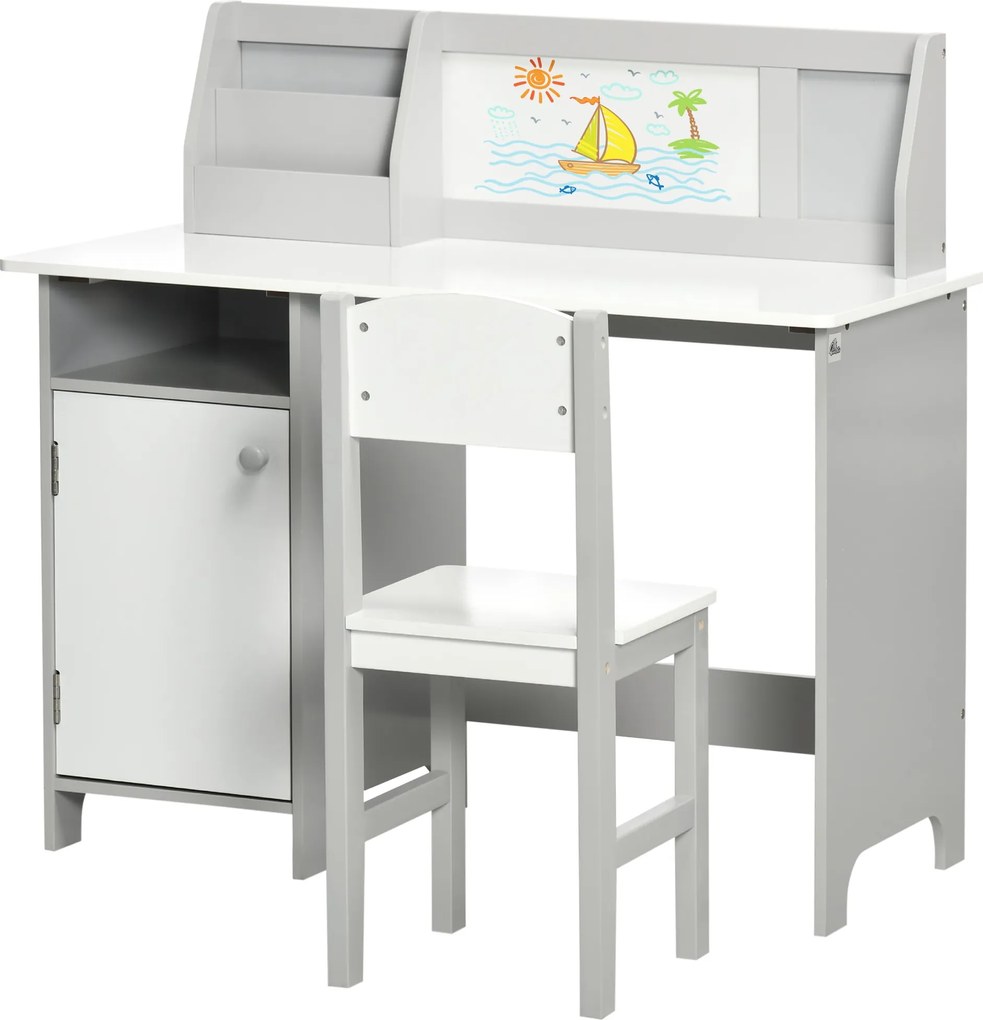 HOMCOM Dětská sada stolu a židle s tabulí, dřevěný studijní stůl pro děti od 5 let, dětský psací stůl 90x45x85 cm Šedý | Aosom
