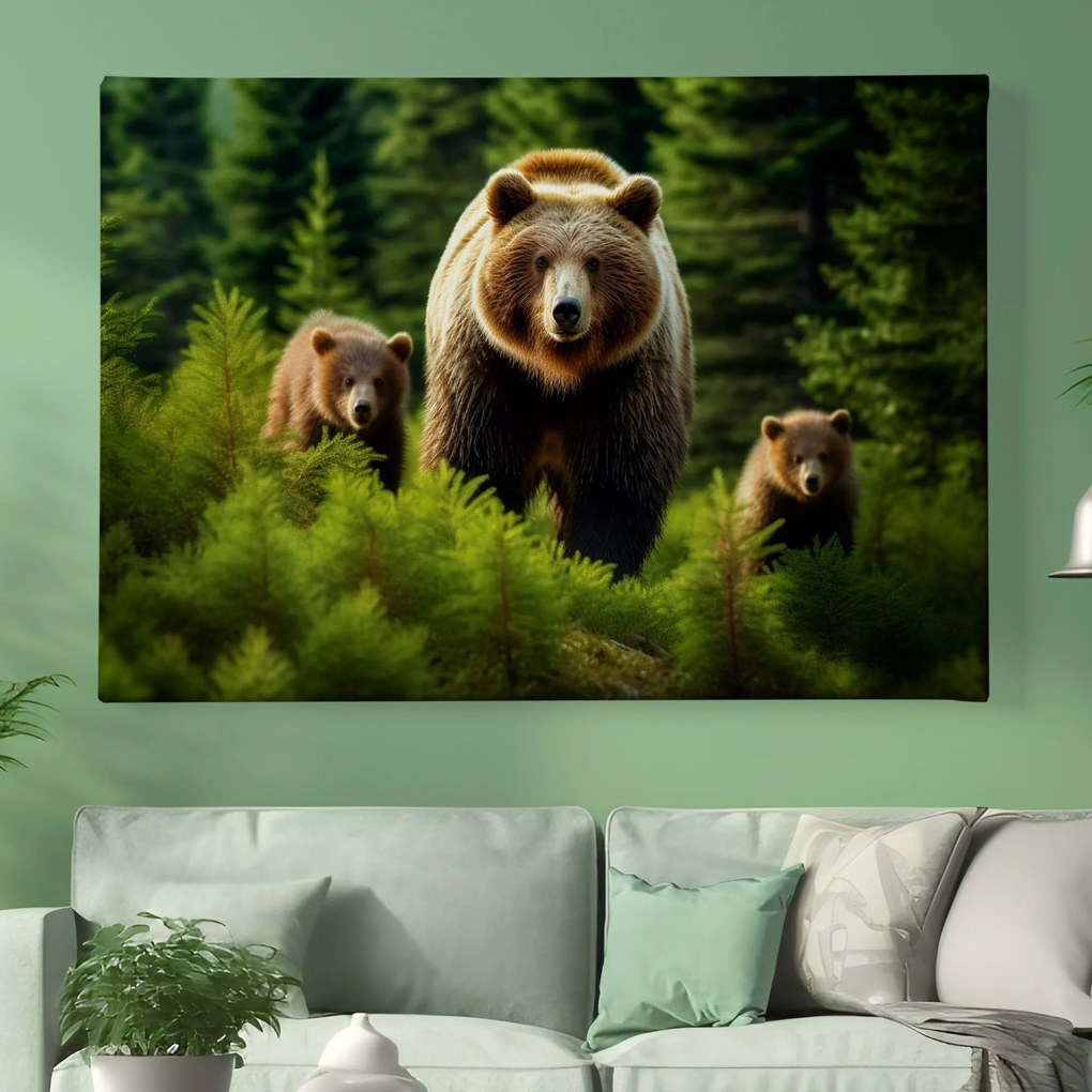 Obraz na plátně - Medvěd Grizzly s rodinou v jehličnatém lese FeelHappy.cz Velikost obrazu: 120 x 80 cm