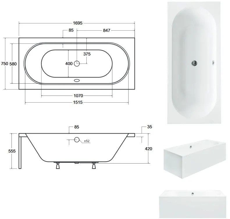 NIKIDO - B Akrylátová vana  VITAE 150x75, 160x75, 170x75, 180x80 Velikost: 180x80