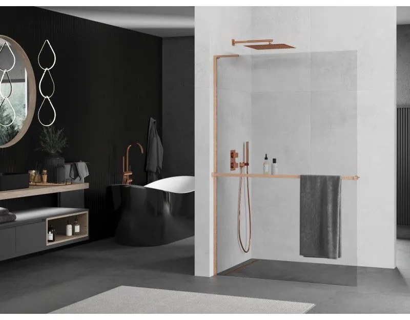 Mexen Kioto+ L, sprchová zástěna Walk-In s poličkou a věšákem 50 x 200 cm, 8mm čiré sklo, měděný matný profil, 800-050-123-65-00