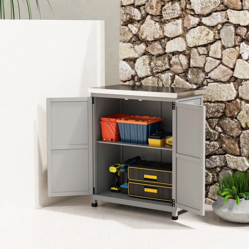 Gartenschrank, Außenschrank mit Arbeitsfläche, Werkzeugschrank, Massivholz, Stahl, 79B x 43T x 92H cm, Grau