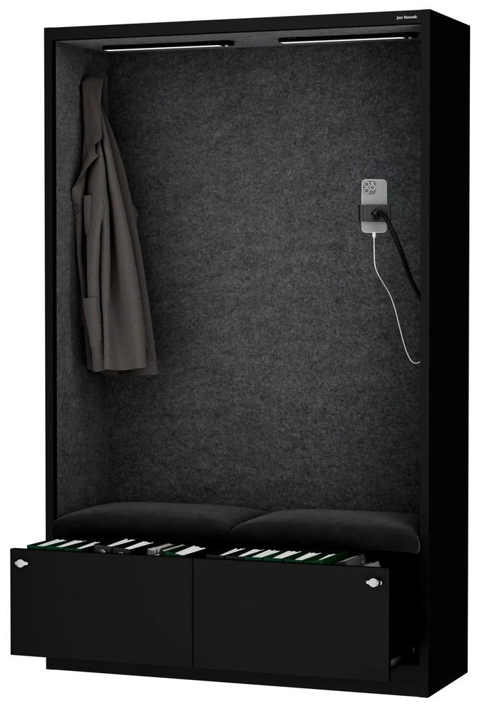 Kancelářská akustická kabina se sedátkem a USB-C portem, korpus černý / sedák tmavě šedá, 1150 mm: SALLY MentalBox