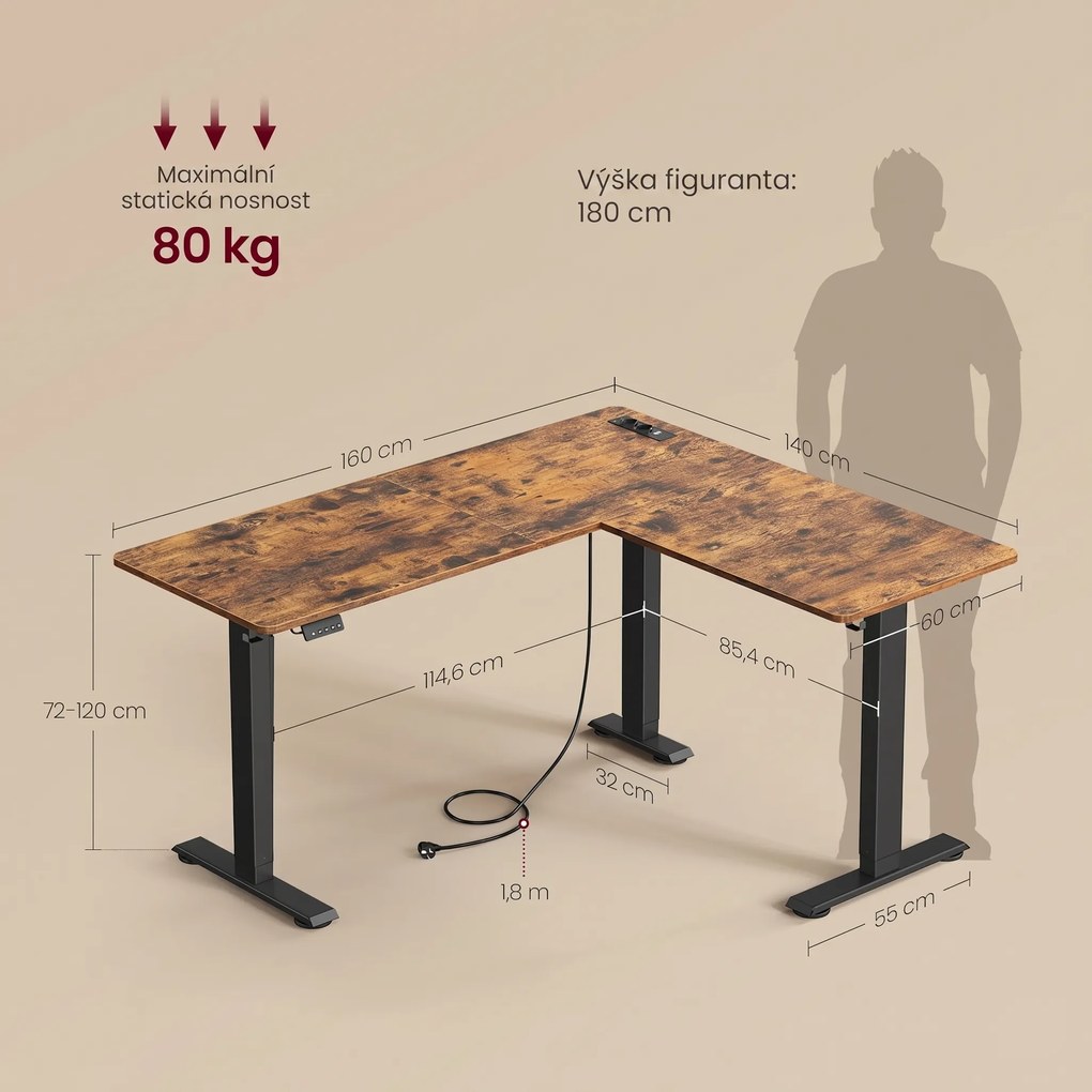 Rohový výškově nastavitelný pracovní stůl Vasagle Grey 160 cm hnědý/černý