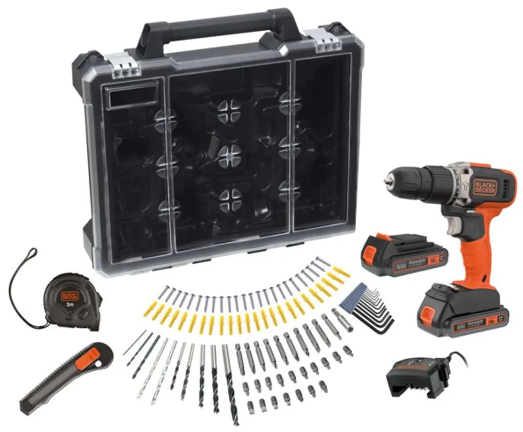 BLACK+DECKER - 18V AKU vrtačka s příklepem a příslušenstvím, 2x aku 2,0 Ah Li-Ion, nabíječka BCD003D2AMB-QW