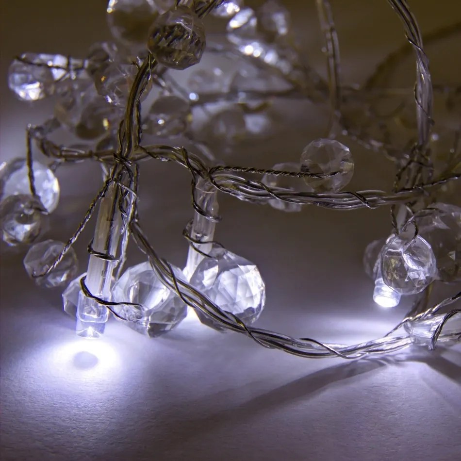 LED světýlka na baterie, krystalky, 1,3 m, ledově bílá, 10 diod, čirý kabel, IP20, 2 × AA
