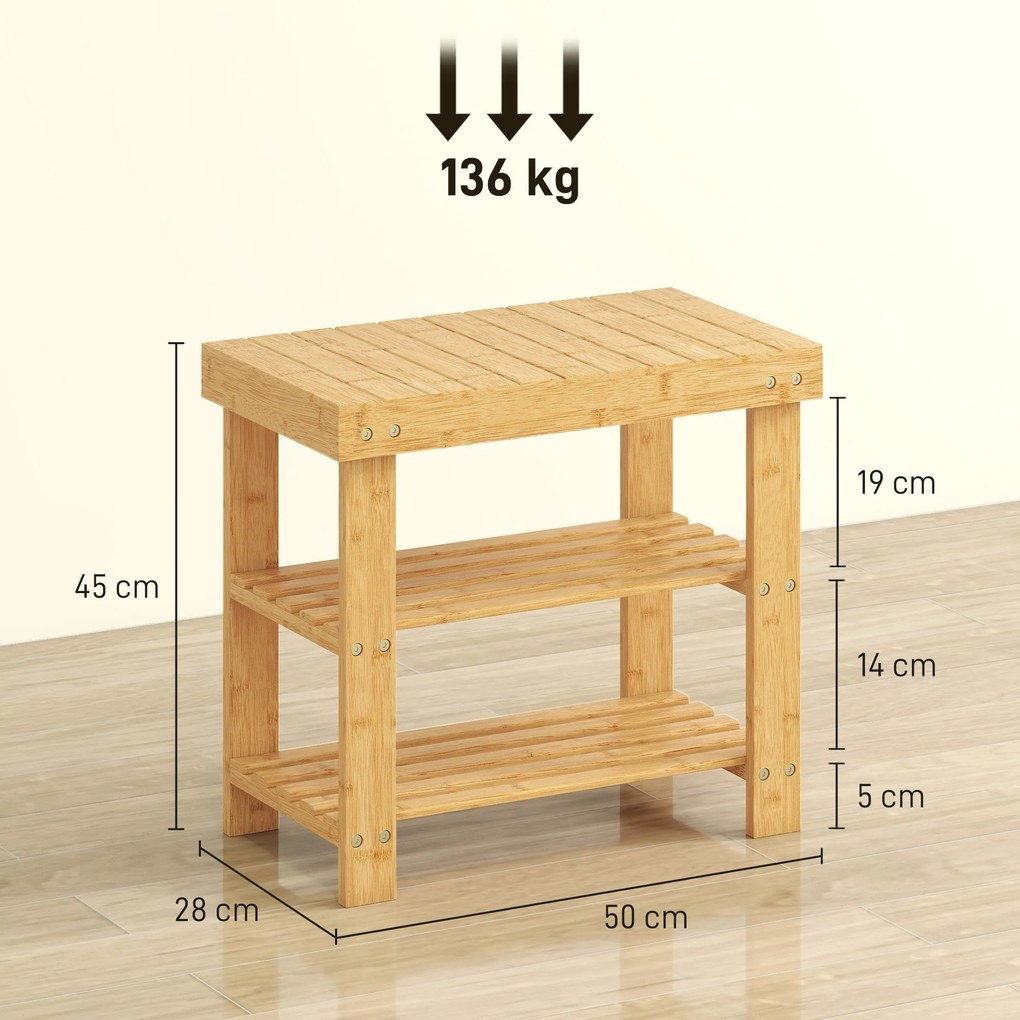 HOMCOM Bambusová botníková lavice s místem k sezení, 3-vrstvá botníková organizace pro 4 páry obuvi, rozměry 50x28x45 cm