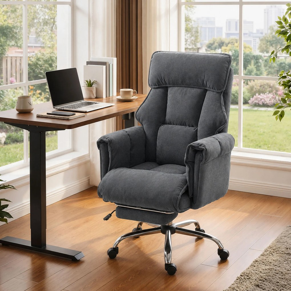 Ergonomická kancelářská židle HOMCOM s bederní oporou, výsuvnou opěrkou nohou a 360° otočným mechanismem — polární fleece, tmavě šedá
