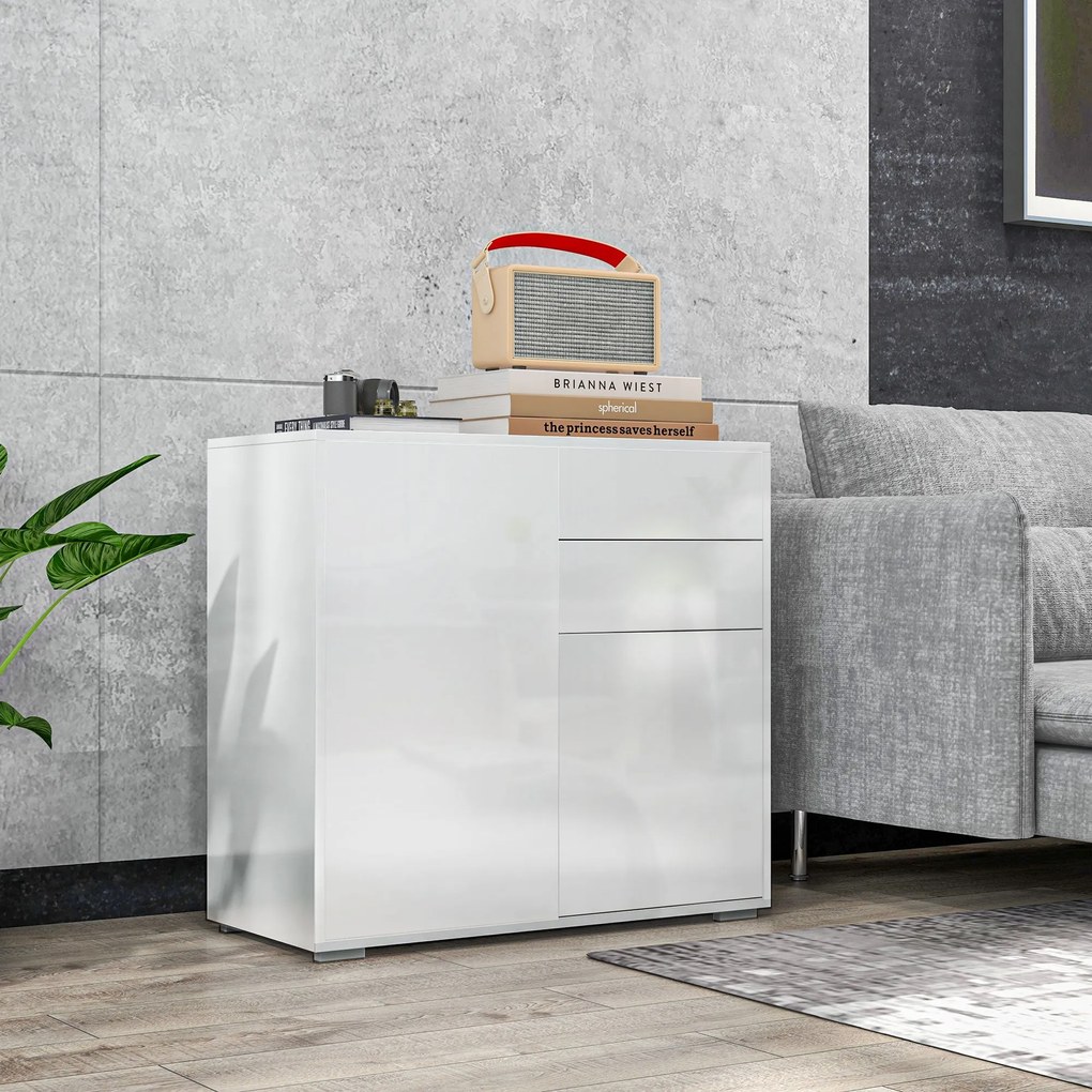 Úložný kabinet HOMCOM s 2 zásuvkami a 2 skříňkami, nastavitelnými policemi, pro obývací pokoj, kuchyň, ložnici, 79 x 36 x 74 cm, leskle bílý