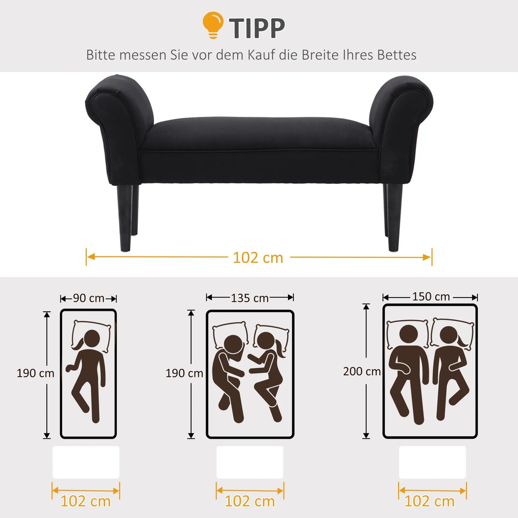 HOMCOM Lavice Ložnice Lavice Čalouněná lavice černá 102x31x51cm z MDF a pěny pro útulné akcenty | Aosom.de