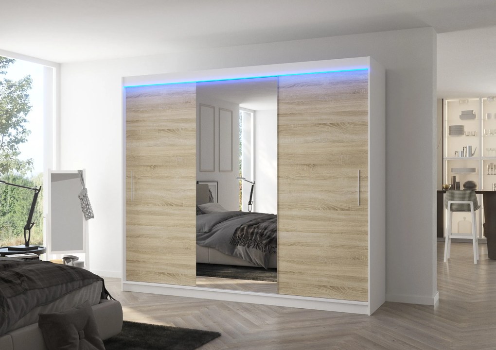 ADRK Furniture Posuvná skříň se zrcadlem a LED osvětlením DENIS 250