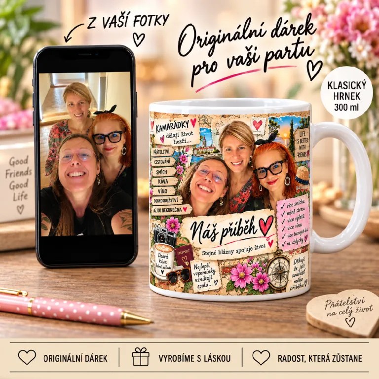 Personalizovaný hrnek z fotografie – Náš příběh – dárek pro pár, kamarádky i rodinu