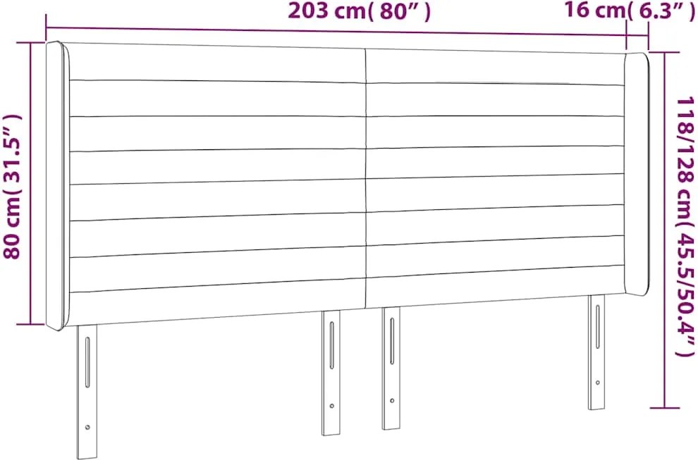 Čelo postele s LED černé 203 x 16 x 118/128 cm samet 3124256