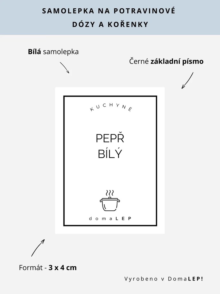 Samolepka na kořenky PEPŘ BÍLÝ bílá 3 × 4 cm základní písmo