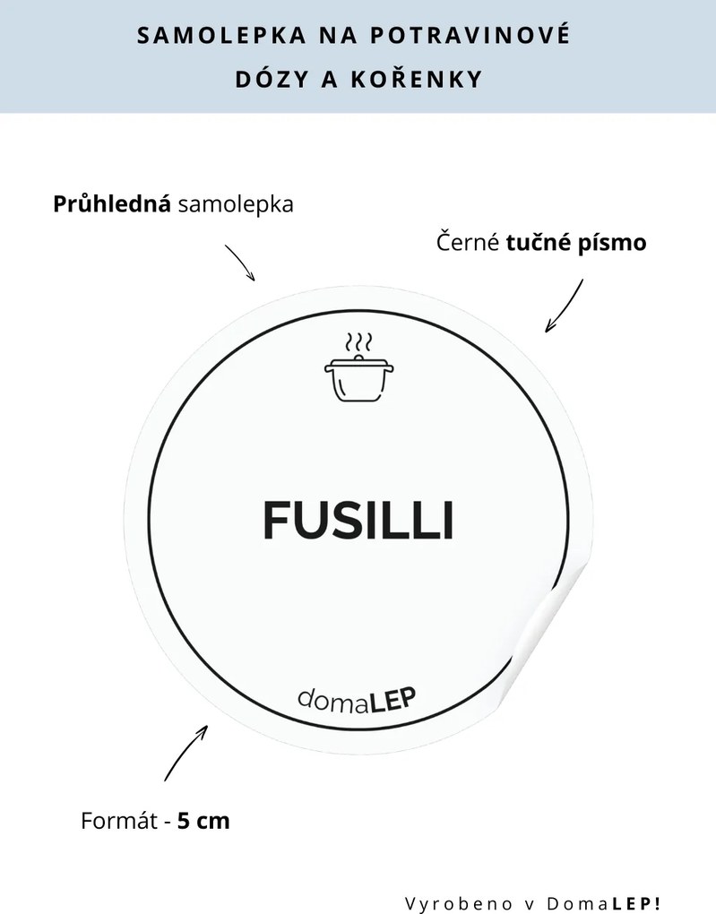 FUSILLI  – průhledná samolepka na dózu, tučné písmo, 5 cm | DomaLEP